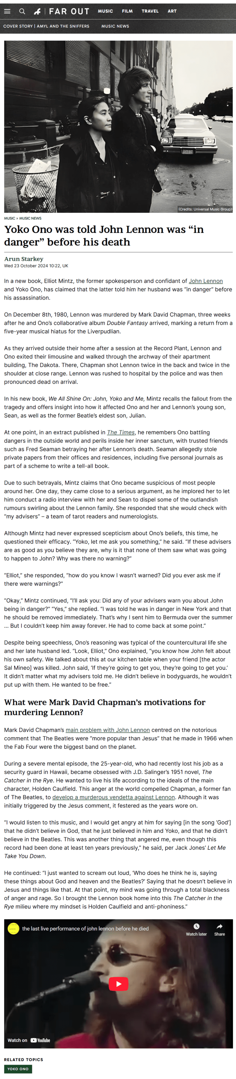 Far Out Book Review: Yoko Ono was told John Lennon was “in danger ...